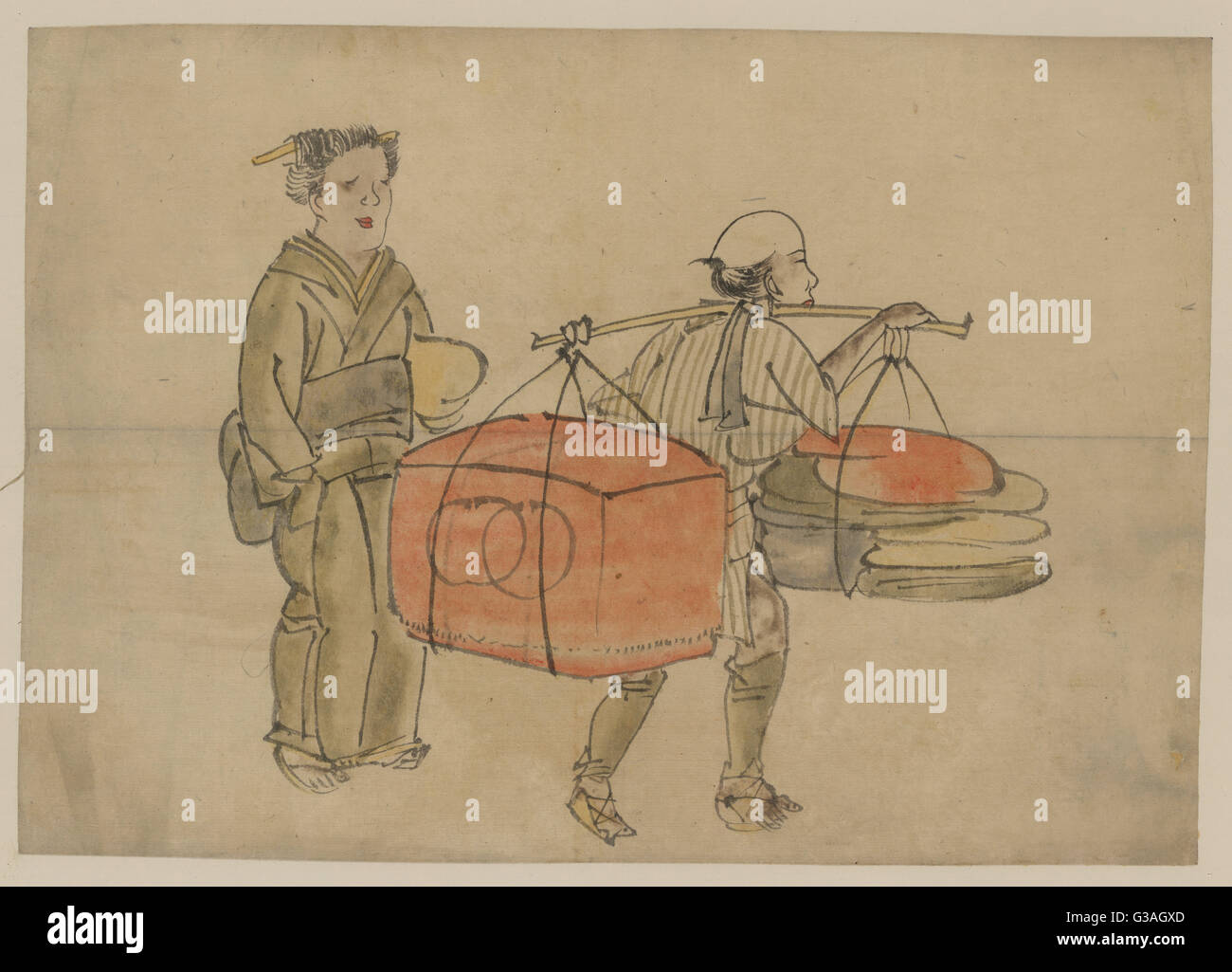 A man carrying a shoulder pole with a trunk and bedding for Stock Photo ...
