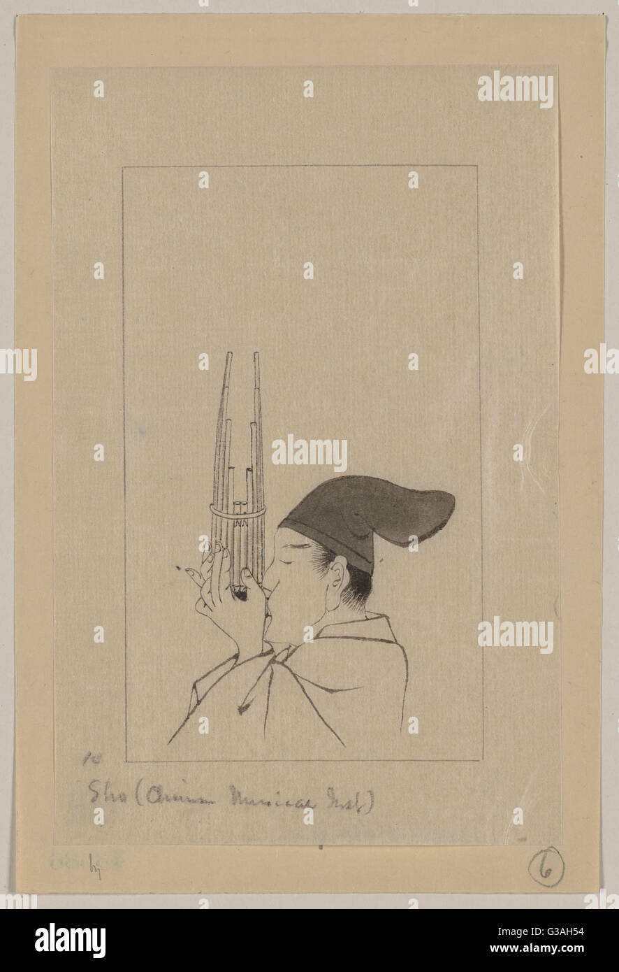 Sho (Chinese musical inst.). Drawing shows a man, head-and-shoulders ...