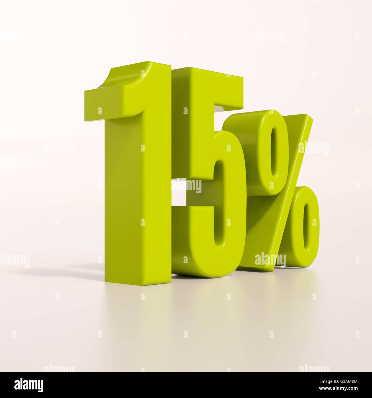 3d render: green 15 percent, percentage discount sign on white, 15 ...