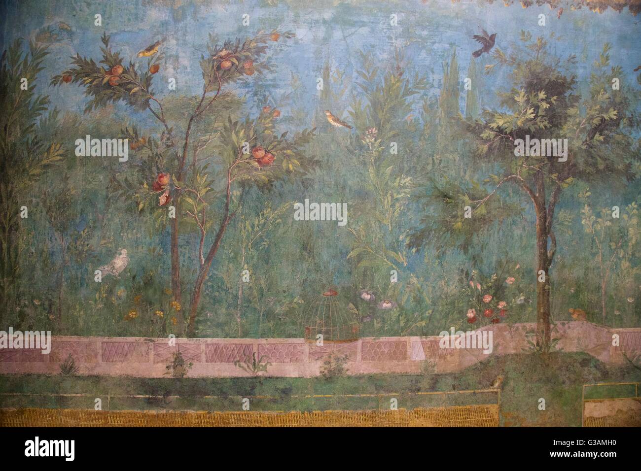 Painted Garden of the Villa of Livia, 20-30 BC, with birds and apple ...