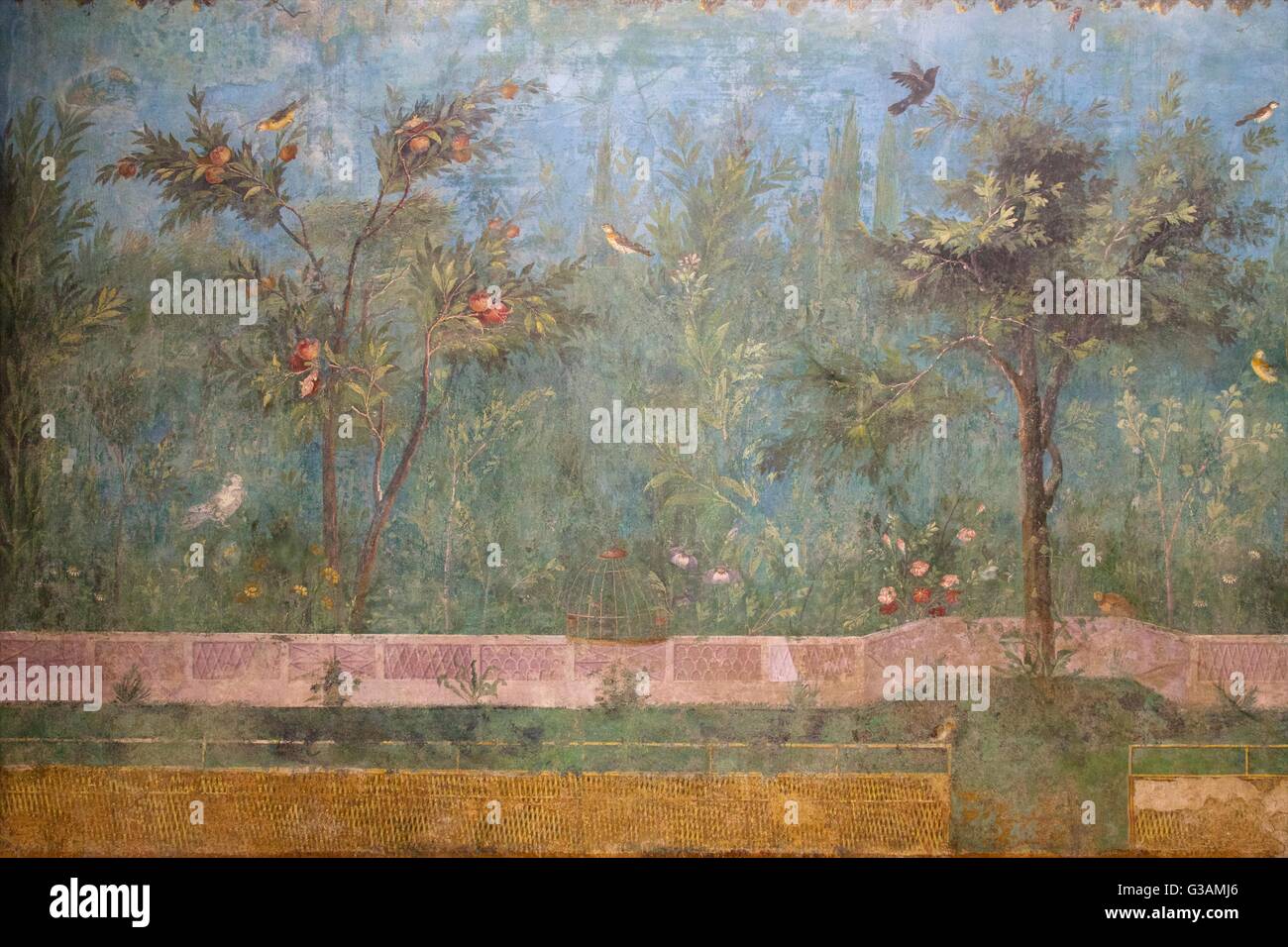 Painted Garden of the Villa of Livia, 20-30 BC, with birds and apple ...