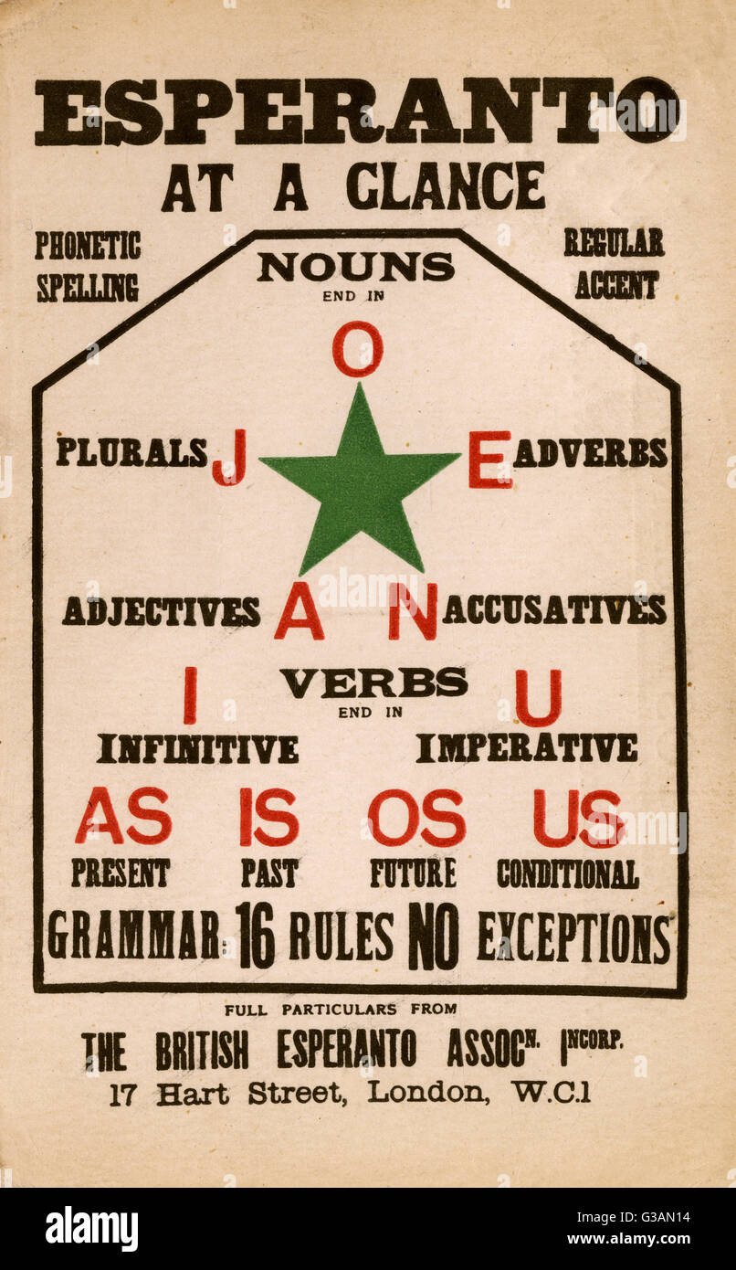 Language - Esperanto at a glance - card produced by the British ...