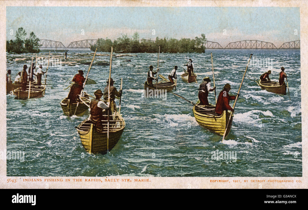 Indians fishing in the Rapids, Sault Sainte Marie, on the St. Marys ...