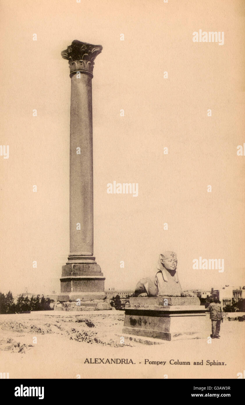 Alexandria, Egypt - Pompey's Column (Pillar) and Sphinx. Date: circa ...