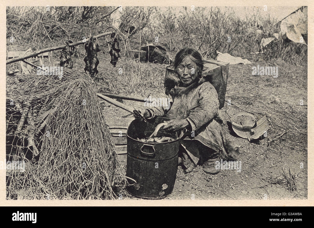 Inuit woman preparing fish and water rats - Alaska, USA Stock Photo - Alamy