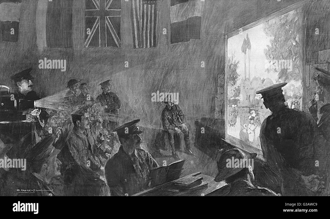 A lantern lecture for soldiers in a YMCA hut, WW1 Stock Photo - Alamy