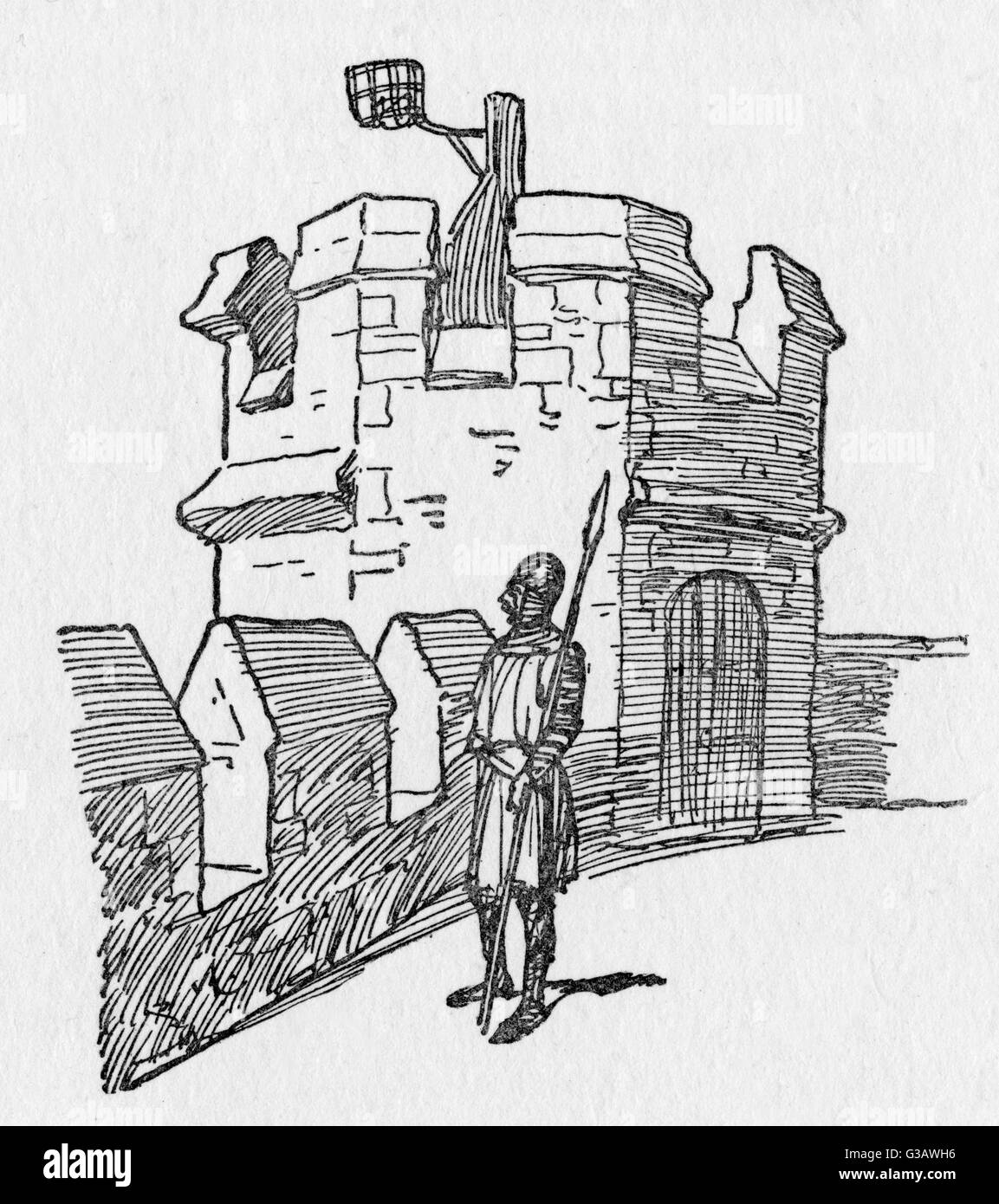 A defending Soldier watching the enemy from behind a Castle's ...