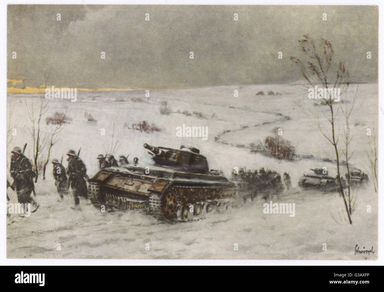 A German tank column, accompanied by infantry, advances into Russia ...