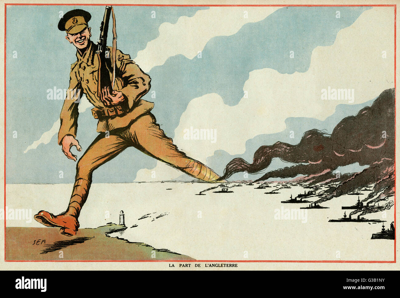 Cartoon, England's Share, showing a British soldier in khaki uniform ...