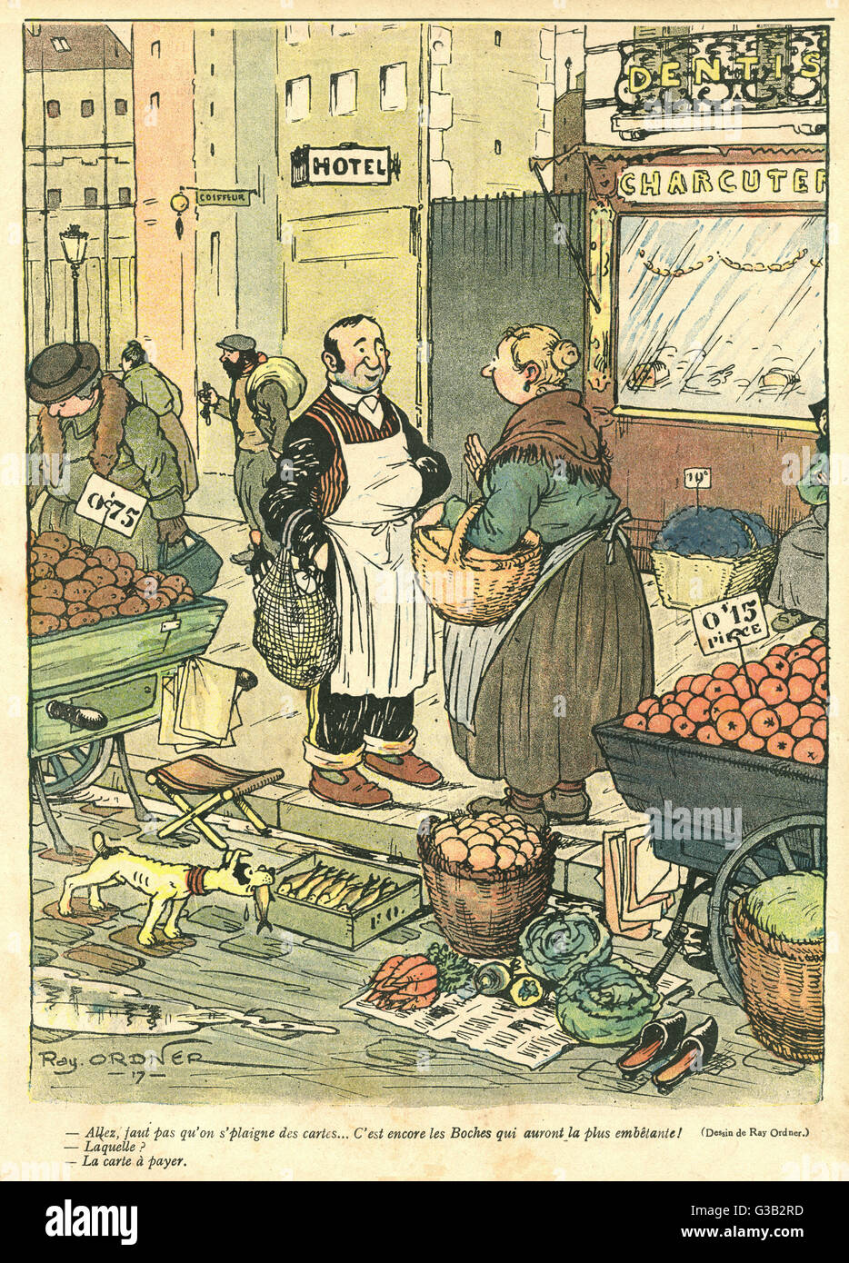 Cartoon, French street market, WW1 Stock Photo - Alamy
