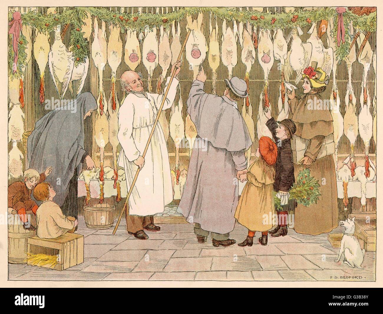 A Victorian family chooses a turkey for Christmas from the poulterer's ...