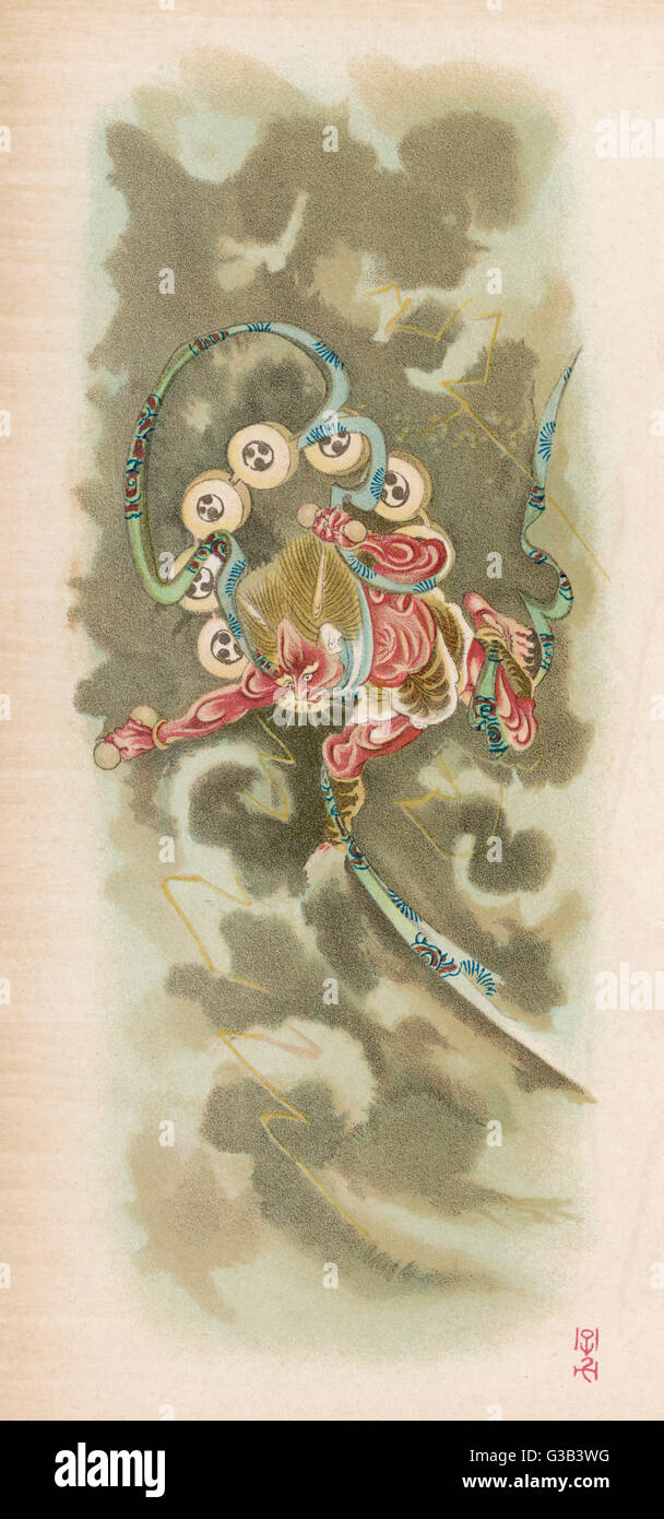 The Japanese God of Thunder hurtles through the stormy sky Stock Photo ...