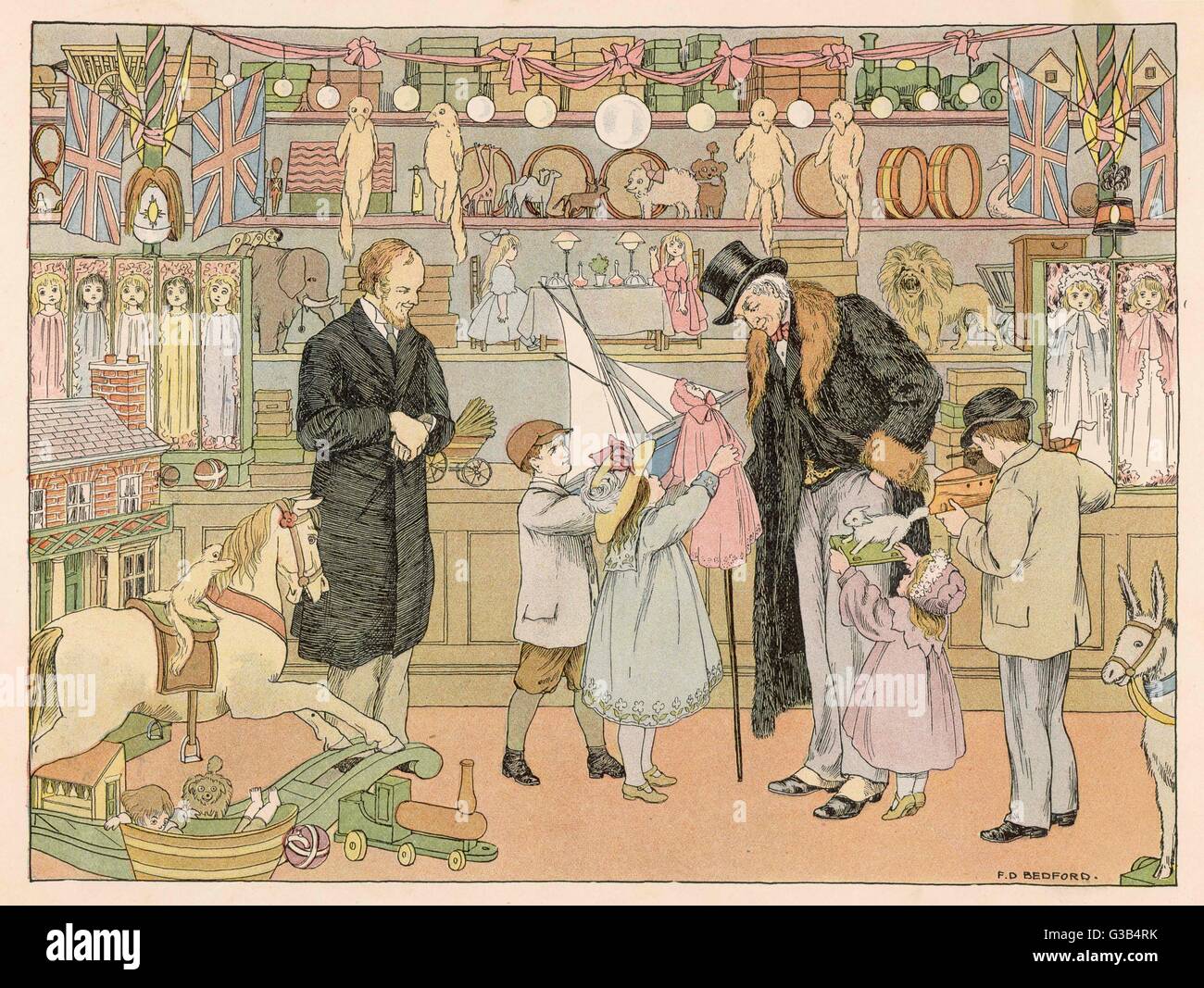 Children crowd round their grandfather with dolls, boats and toy ...