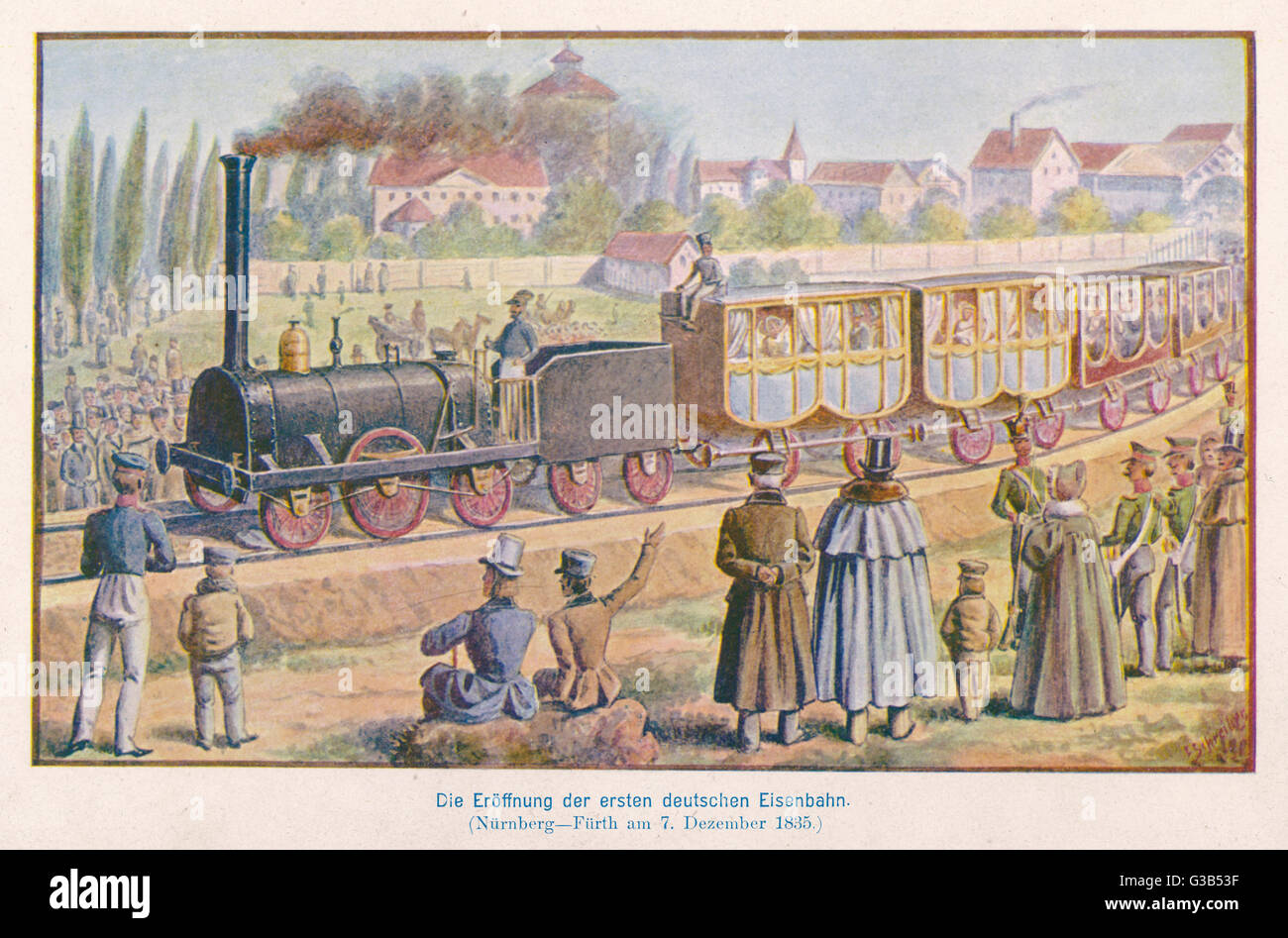 NUREMBERG - FURTH RAILWAY Spectators wave as the first railway train in ...