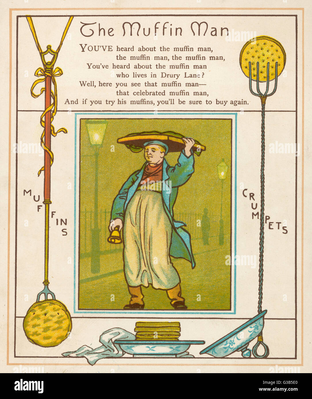 The muffin man, with a tray of muffins balanced on his head, rings his ...