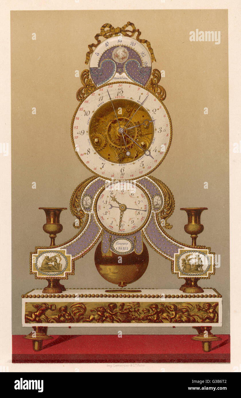 A clock produced during the French Revolution, featuring a lower dial ...