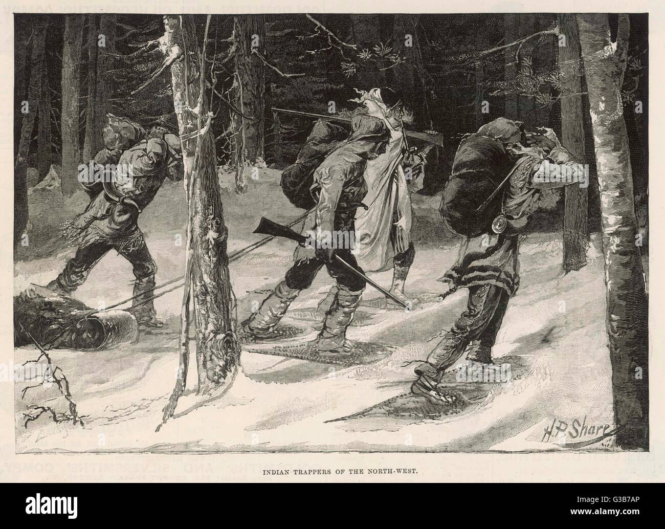 Native Canadian trappers of the Northwest, trudging through a snowy ...