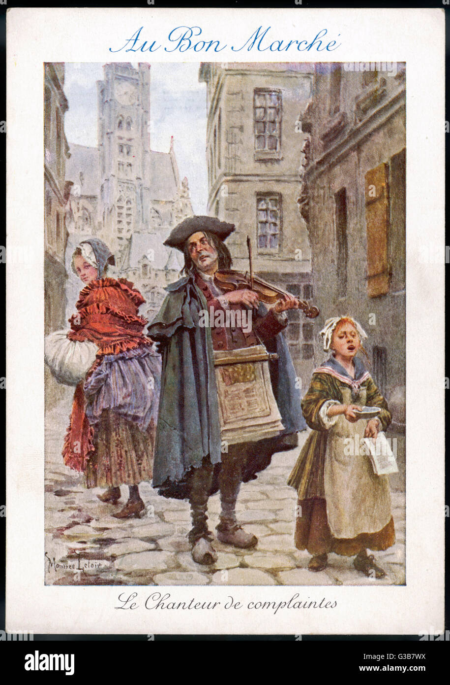 French street musicians - fiddler and singer. Date: 18th century Stock ...