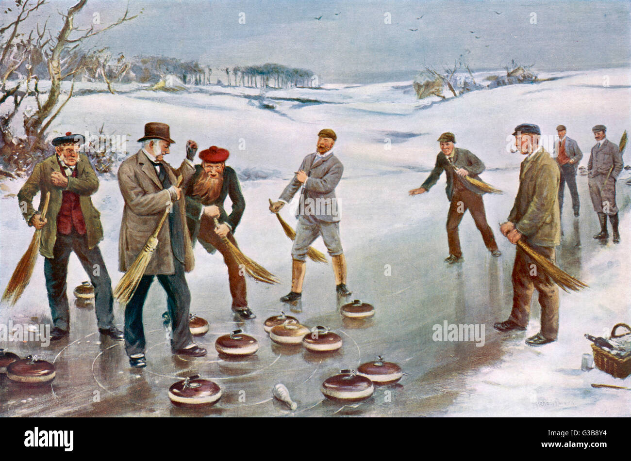 An exciting finish to a curling match in Scotland. Date: 1912 Stock ...