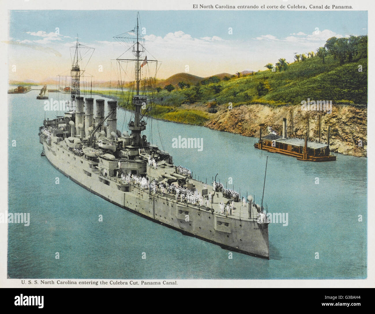 American warship depicted entering the Culebra Cut of the Panama Canal ...