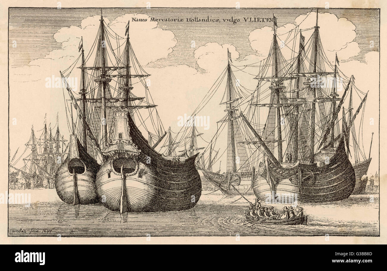A fine engraving of Dutch trading vessels, showing the distinctive ...