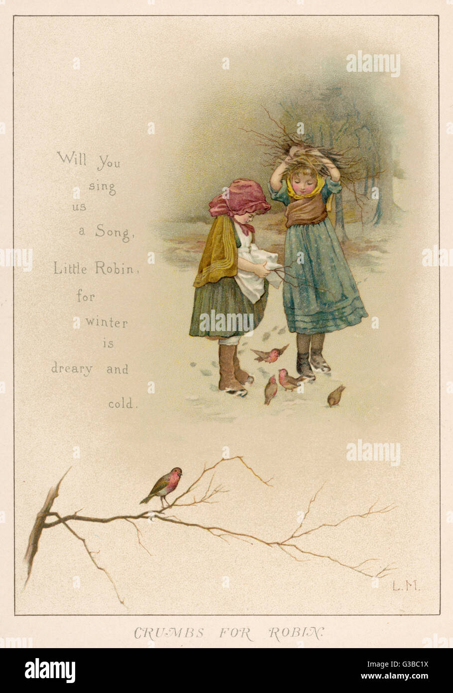 GIRLS FEED ROBINS C1885 Stock Photo - Alamy