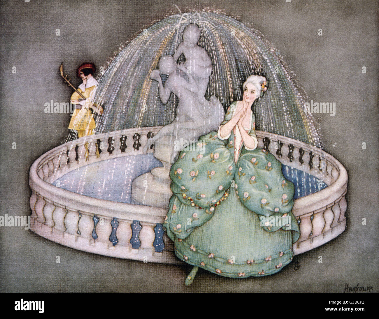 Rococo lady stands by a fountain Stock Photo - Alamy