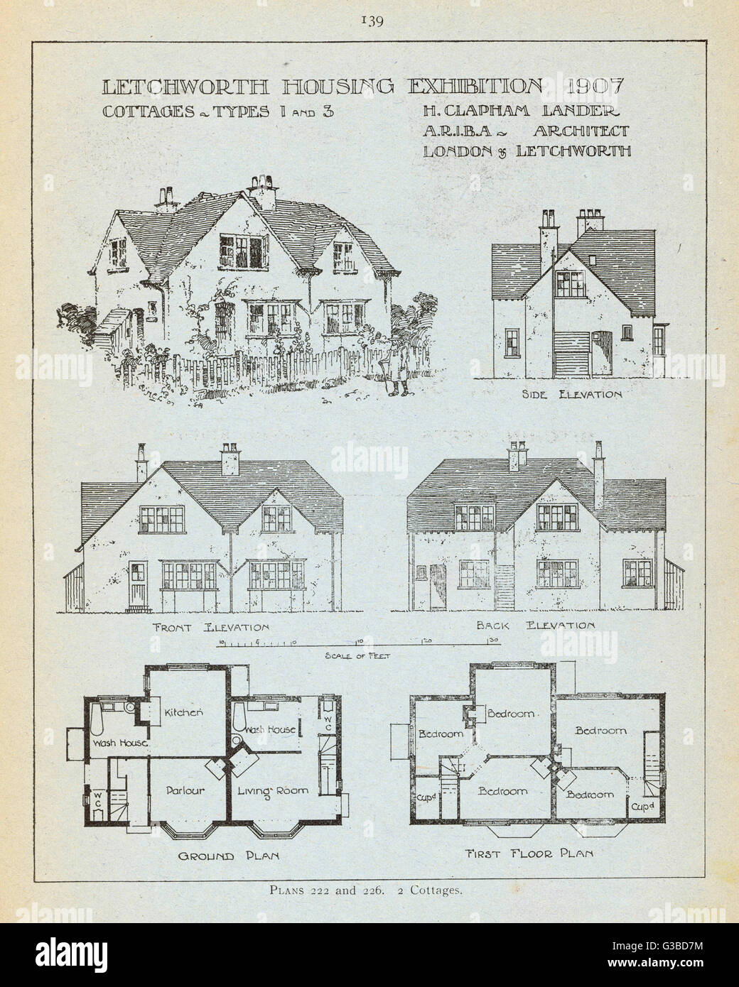 Projection, elevation and plan for a detached cottage in Letchworth ...