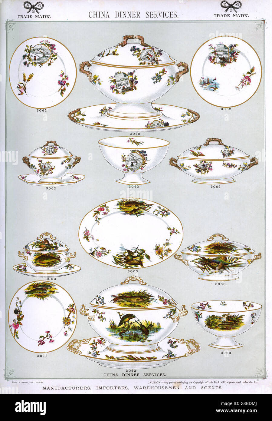 Various china dinner services, Plate 11, showing patterned plates ...