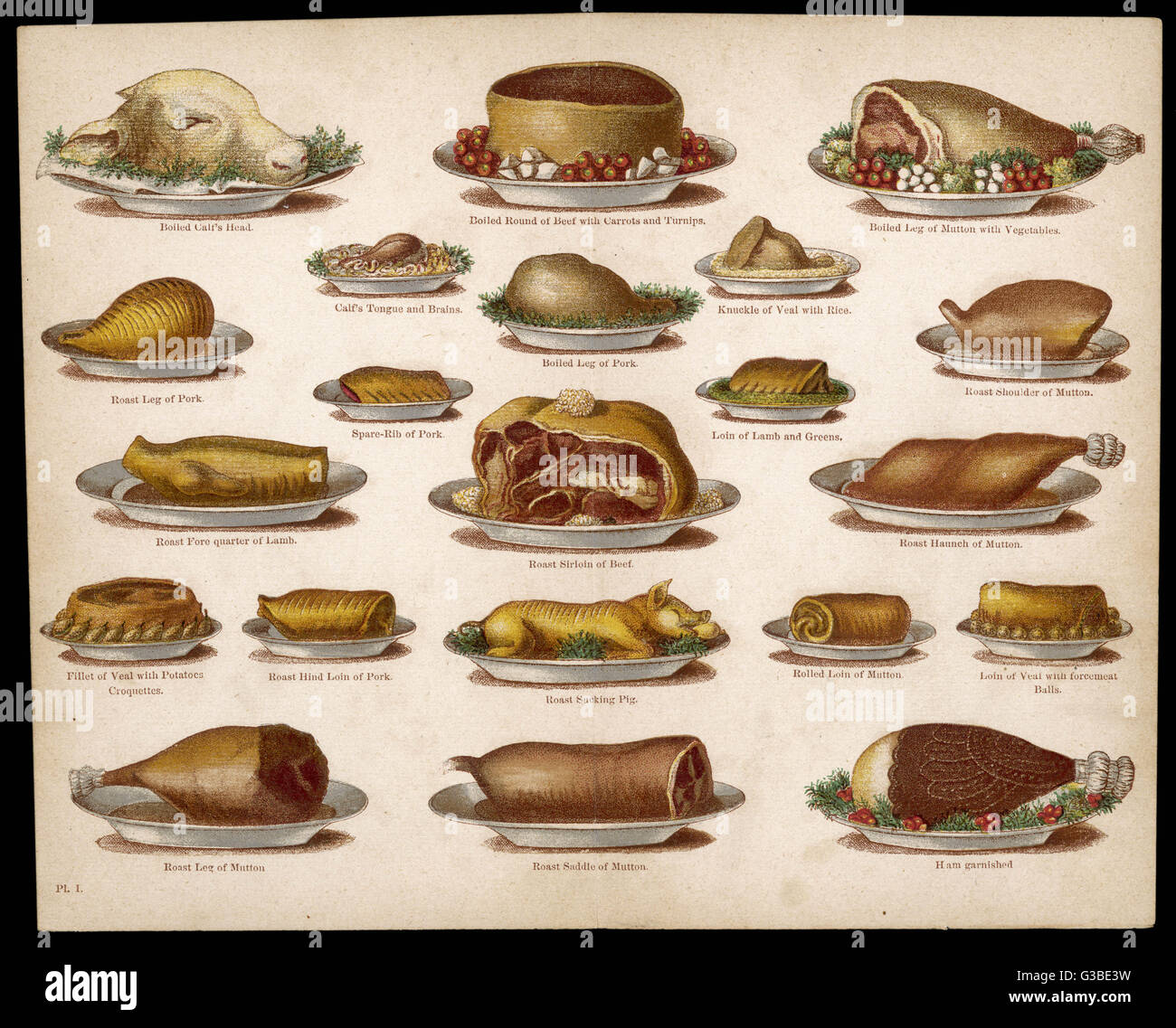 Various dishes including roast calf's head, garnished ham, roast side ...