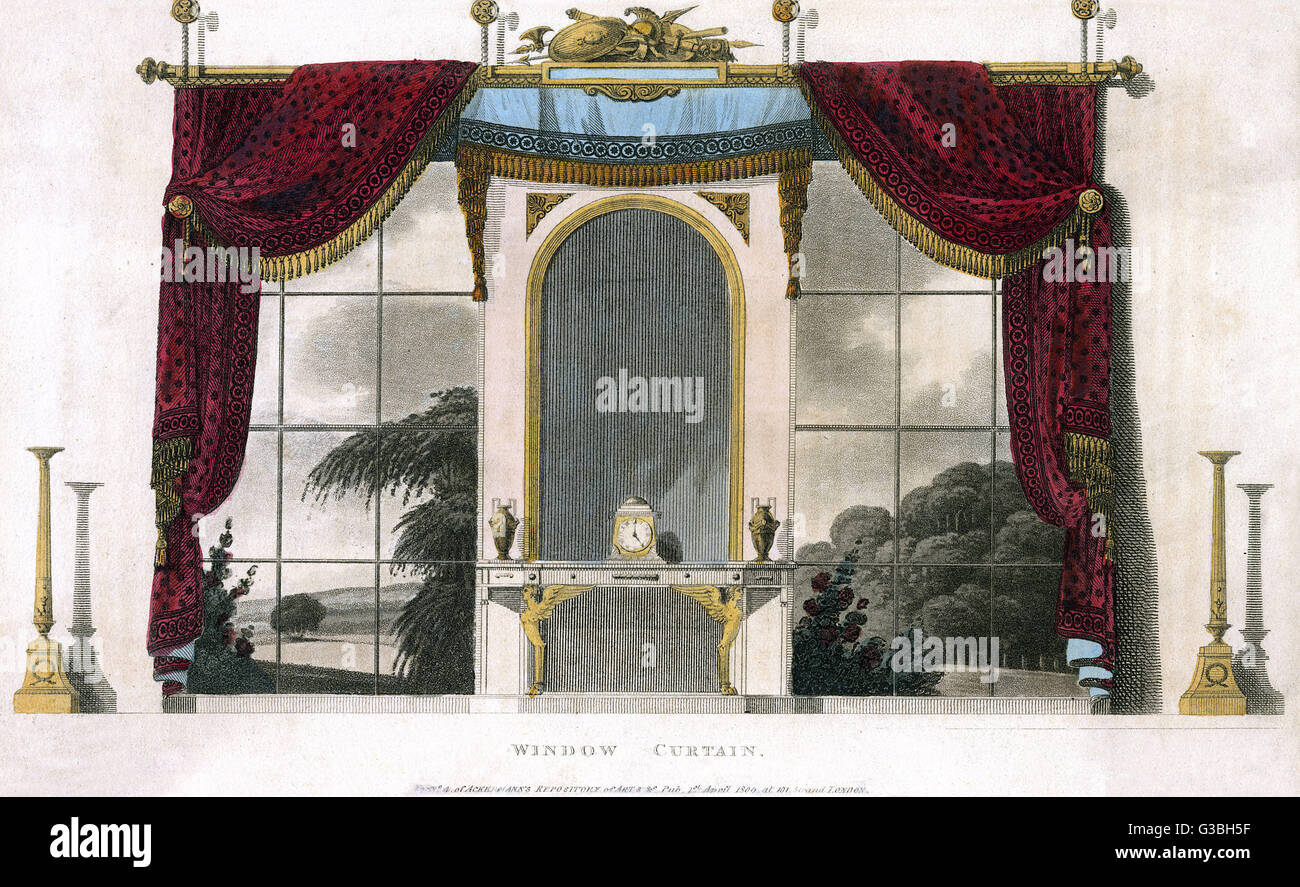 Decorating scheme for window curtains in a noble home. Date: 1800 Stock ...