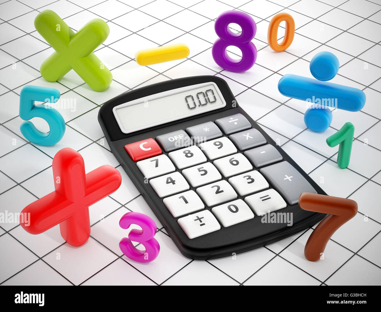 Calculator and mathematical symbols isolated on white background. 3D ...