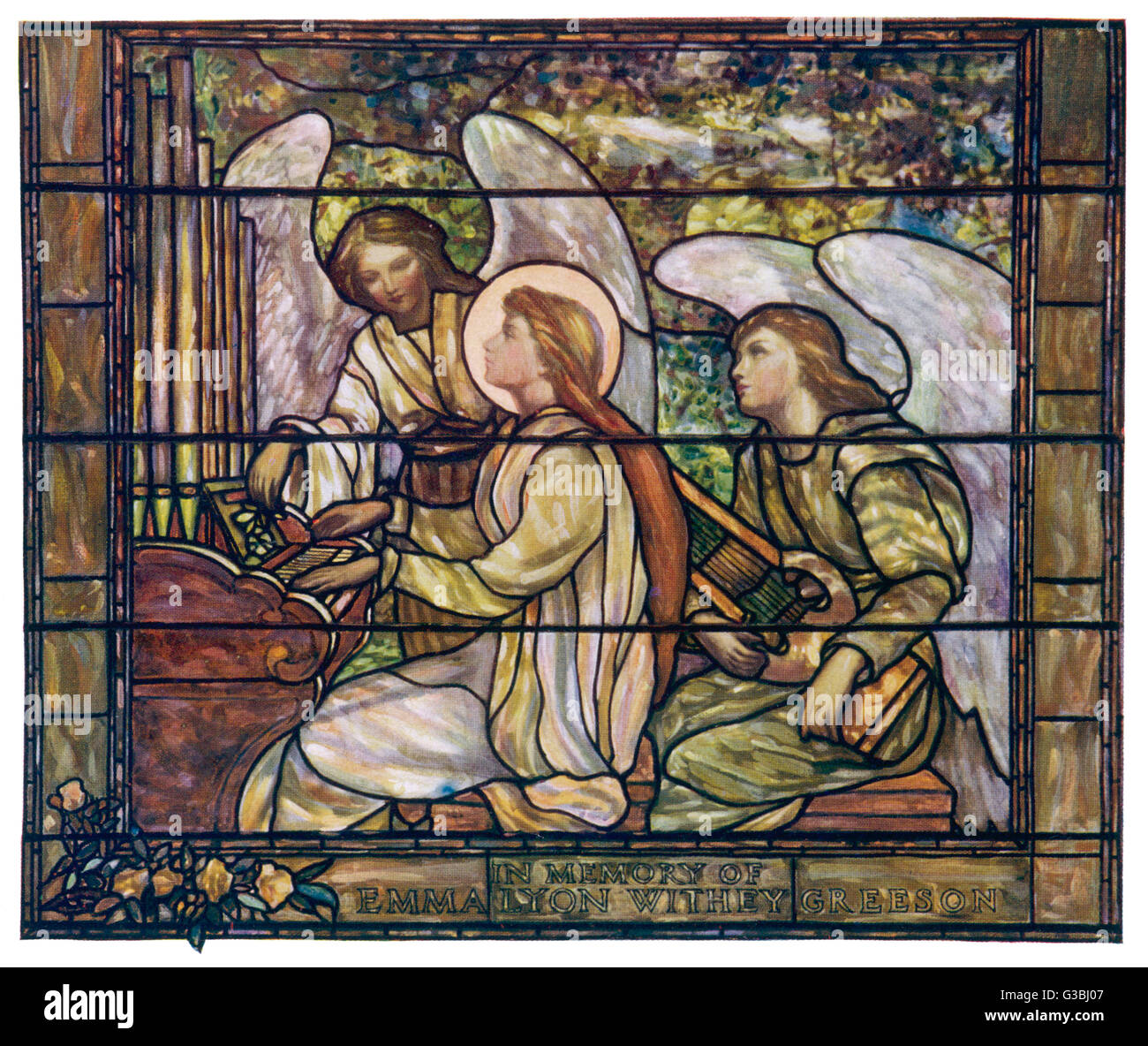 Saint Cecilia, the patron saint of music, plays the organ while angels ...