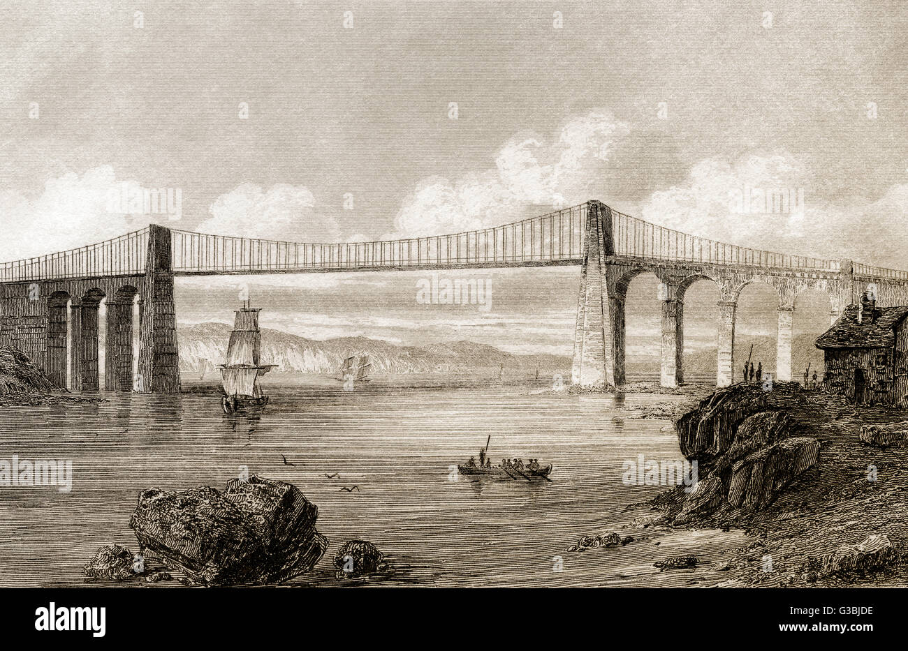 The Menai Suspension Bridge, Wales, England, 19th century Stock Photo ...