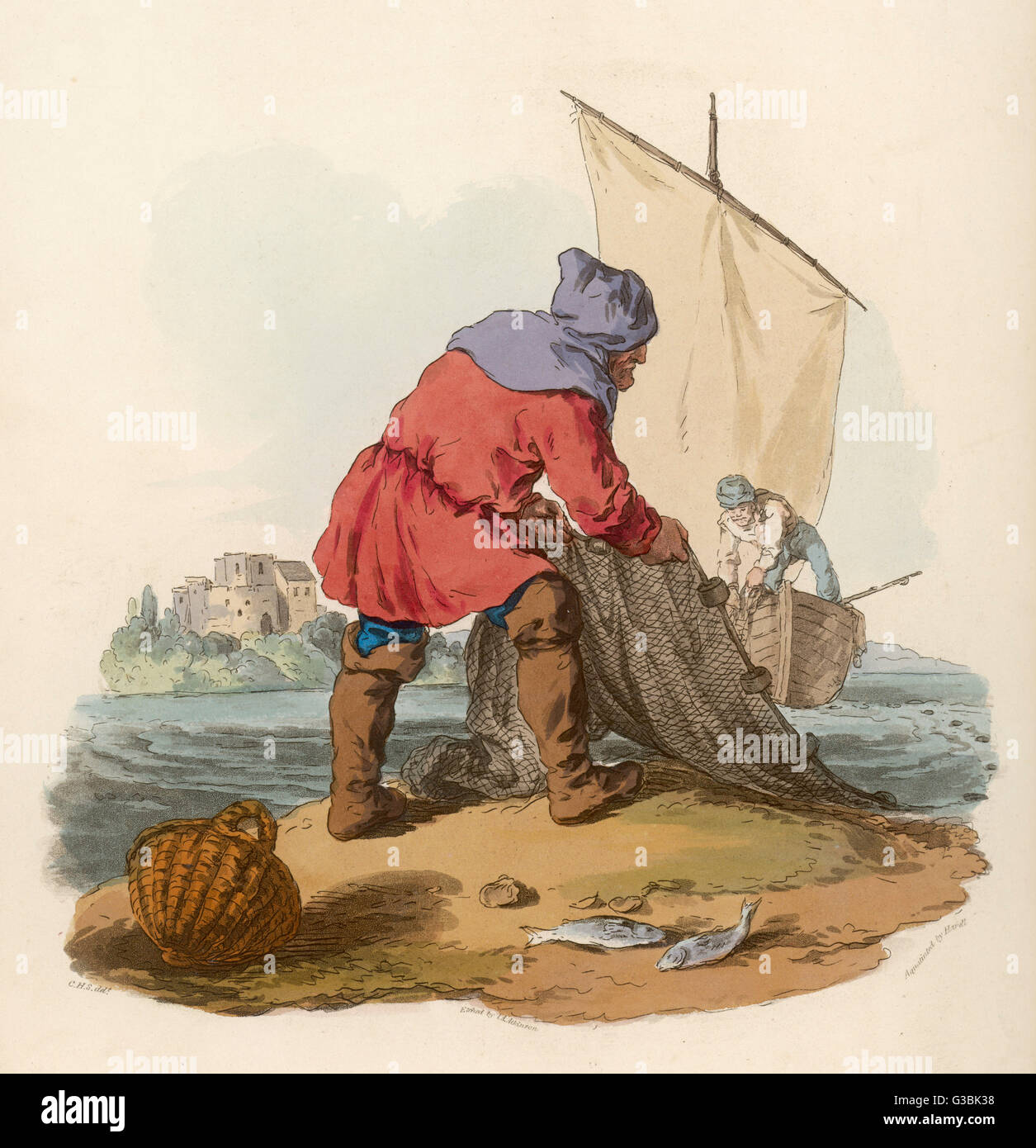 A medieval fishermen draws in his nets. Date: 1450 Stock Photo - Alamy
