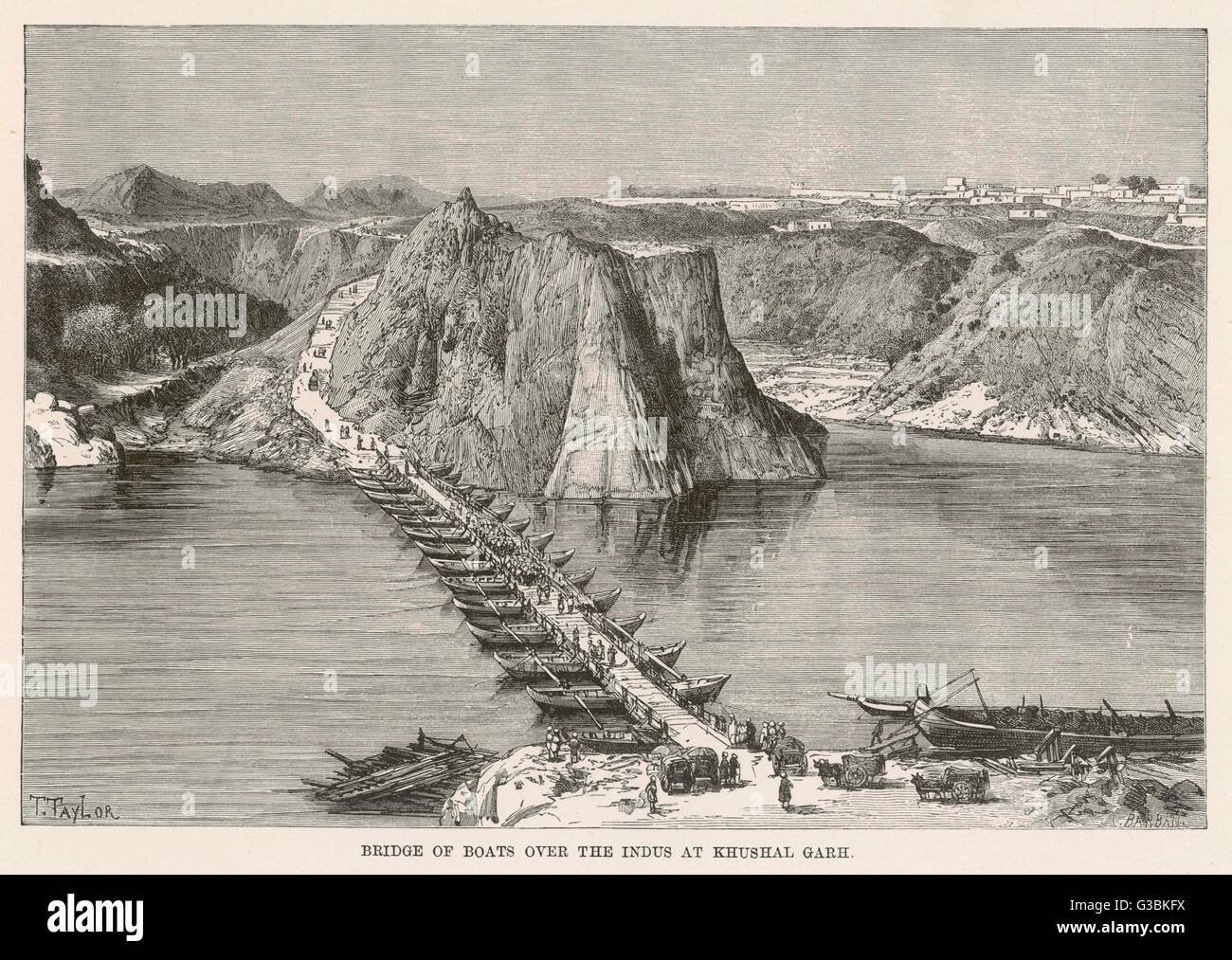A floating bridge, formed with boats, across the Indus at Khushal Garh ...