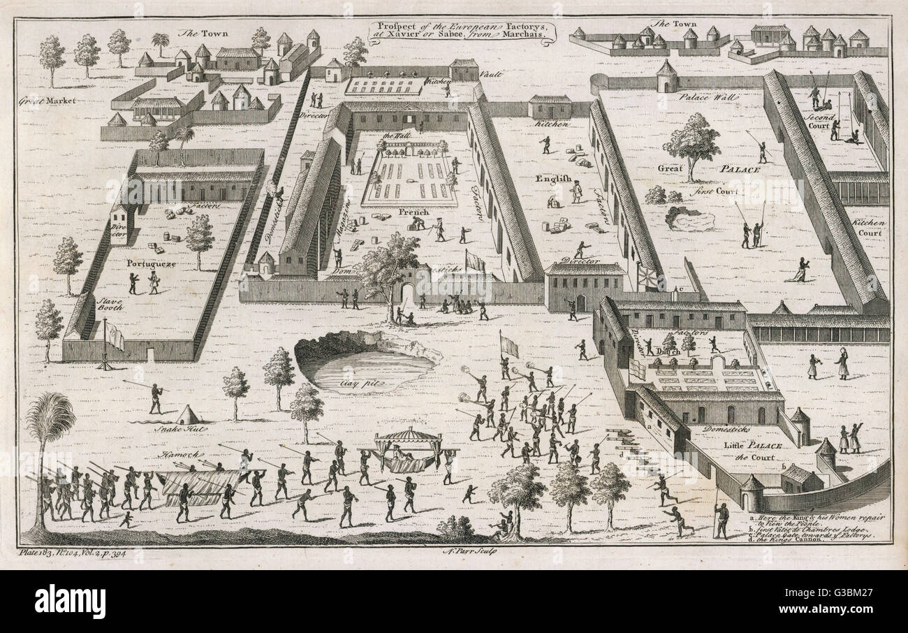 A European trading station at Xavier, or Sabee, west Africa. Portuguese ...