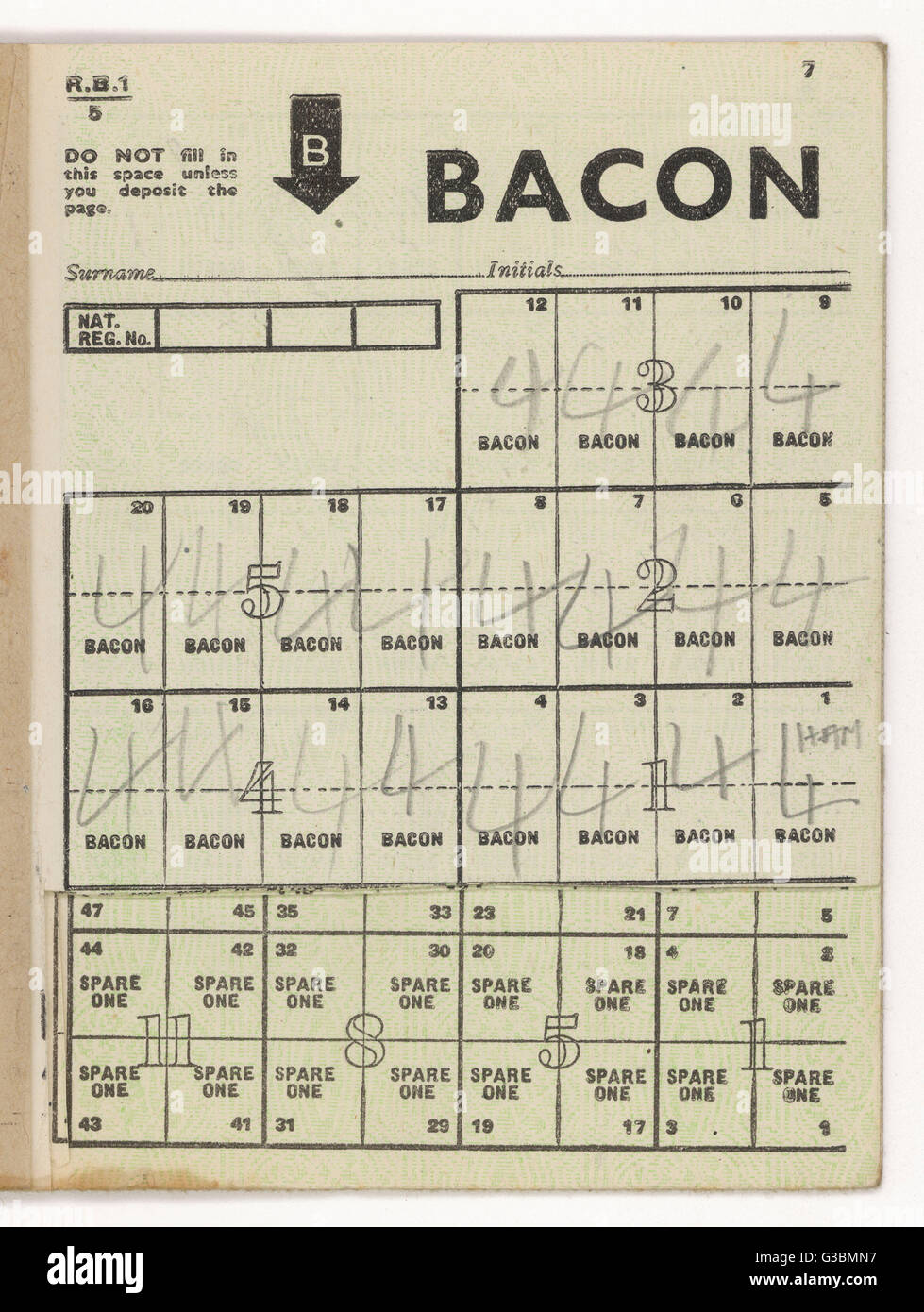 A used page of bacon coupons from a ration book. Date: 1940s Stock ...