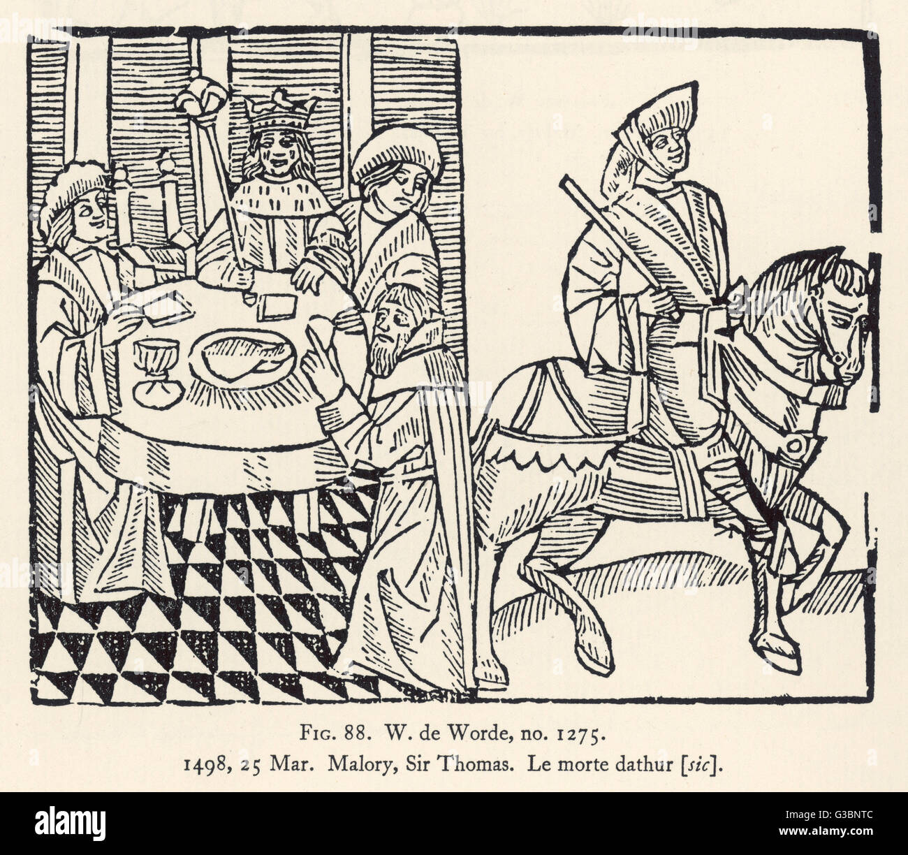 A scene from Malory's Le Morte d'Arthur, showing courtiers, a monk and ... A scene from Malory's Le Morte d'Arthur, showing courtiers, a monk and ...