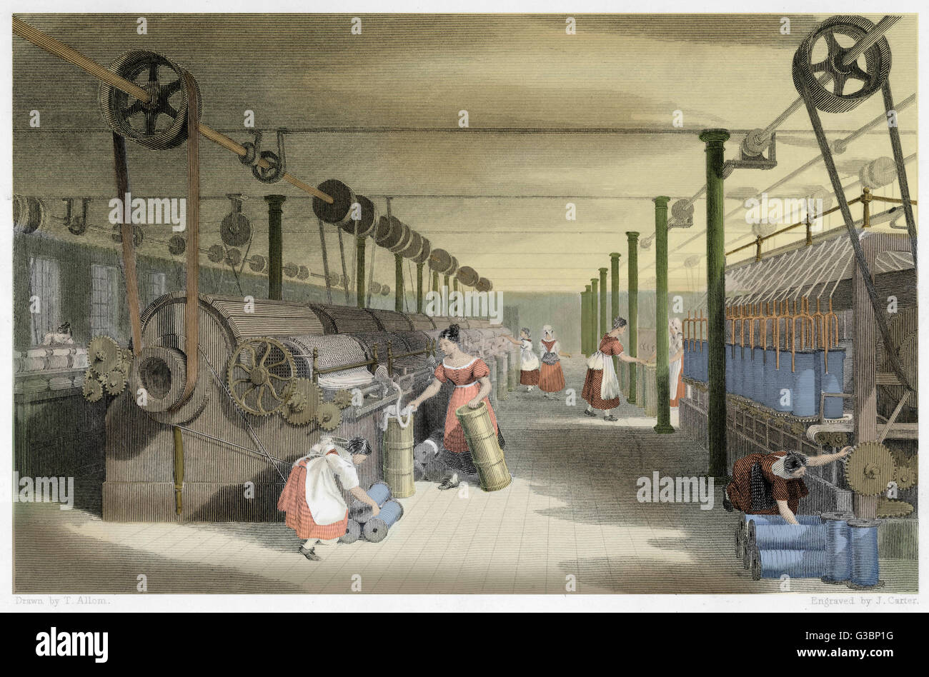 Interior of cotton mill: girls and women tend carding, drawing and ...