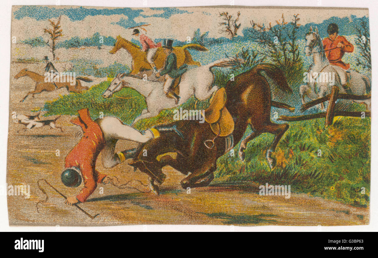 A huntsman in pinks is thrown from his mount onto the hard surface of a ...
