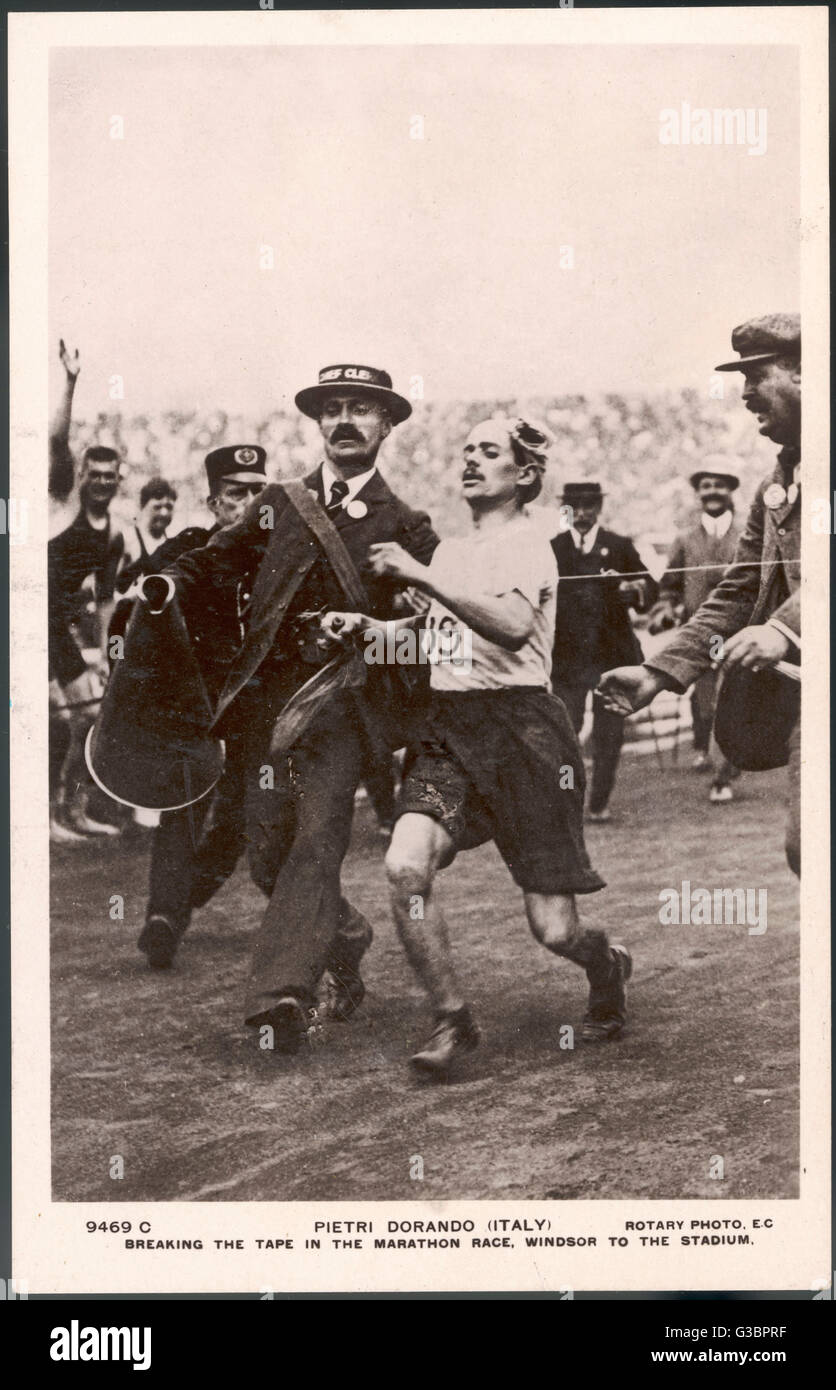 Dorando Pietri of Italy wins the marathon - Olympics 1908 Stock Photo ...