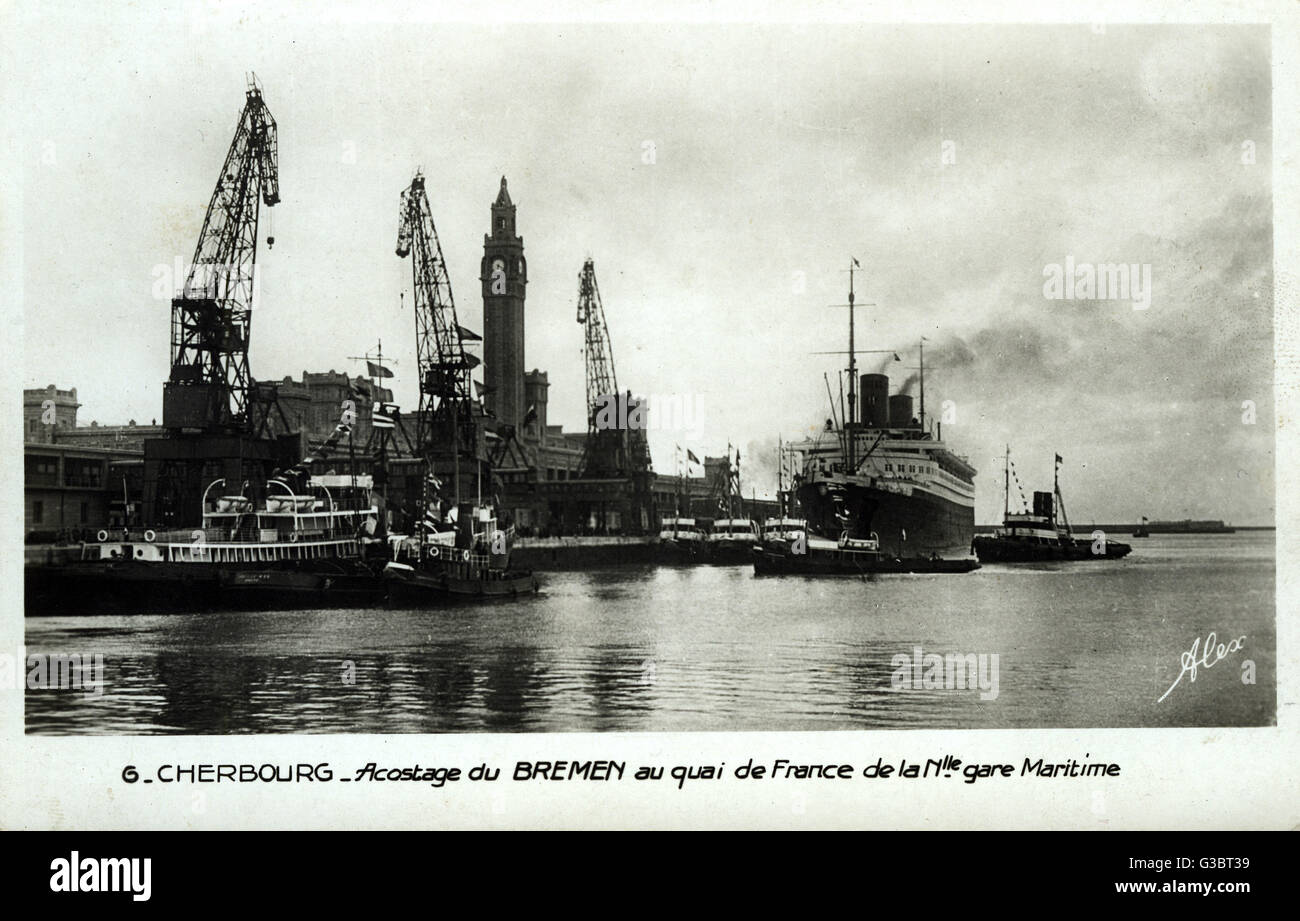 SS Bremen at Cherbourg docks, Normandy, France Stock Photo - Alamy