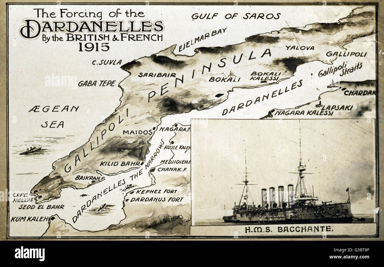 Map of Dardanelles with HMS Bacchante, WW1 Stock Photo - Alamy