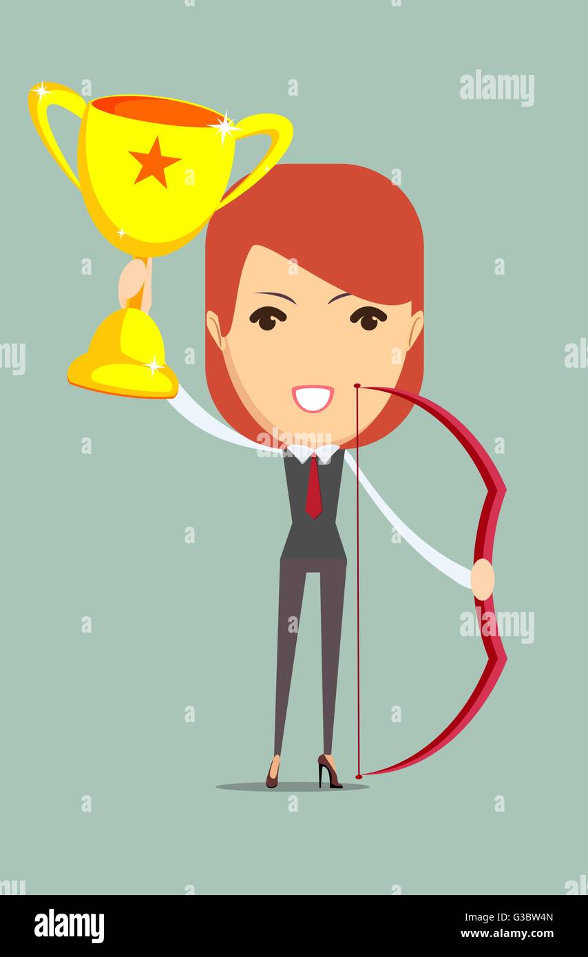Business Woman Holding Up Winning Trophy And Bow Stock Vector Image
