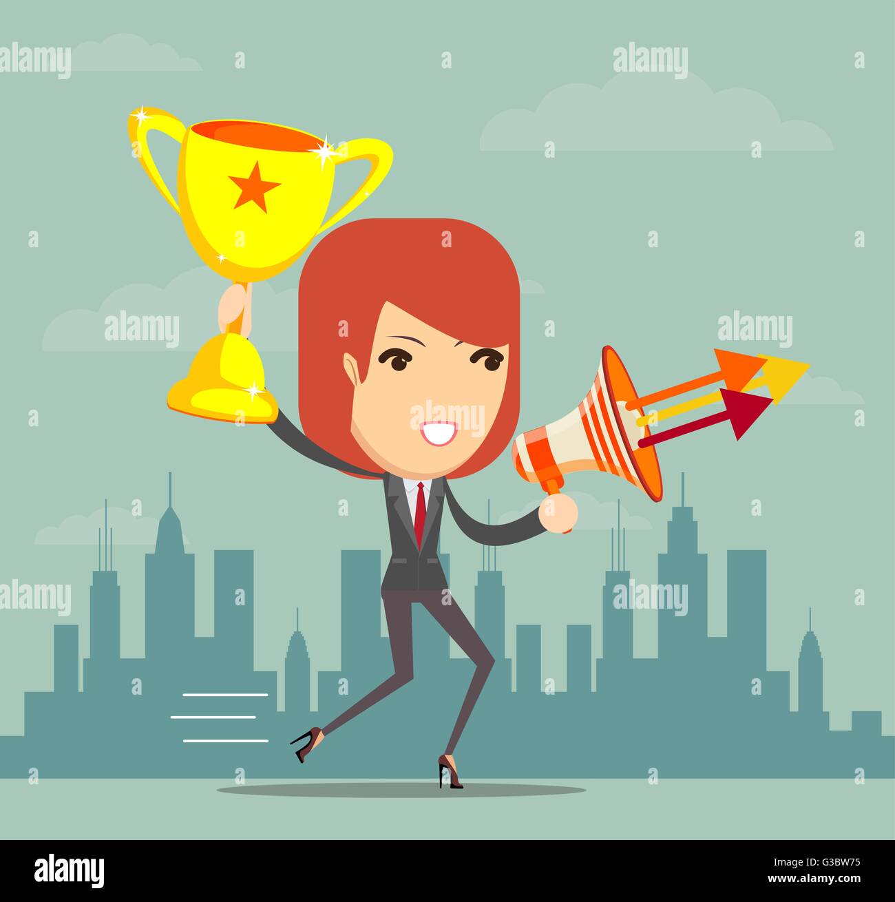Woman Holding Up Winning Trophy And A Megaphone Stock Vector Image