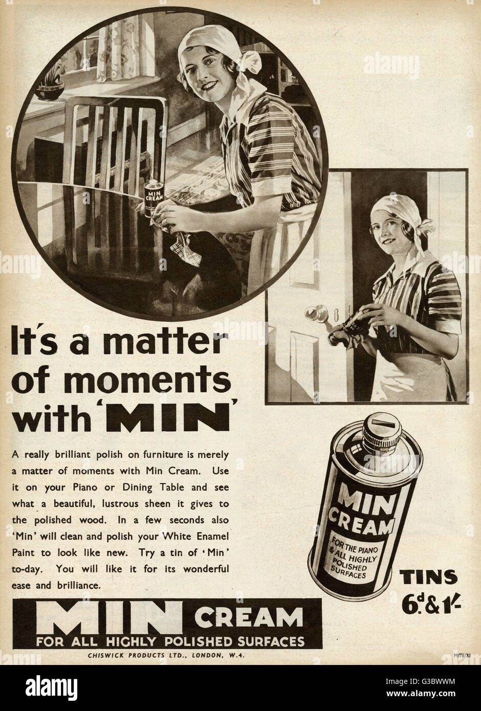Advert for Min Cream, polish for furniture 1936 Stock Photo - Alamy
