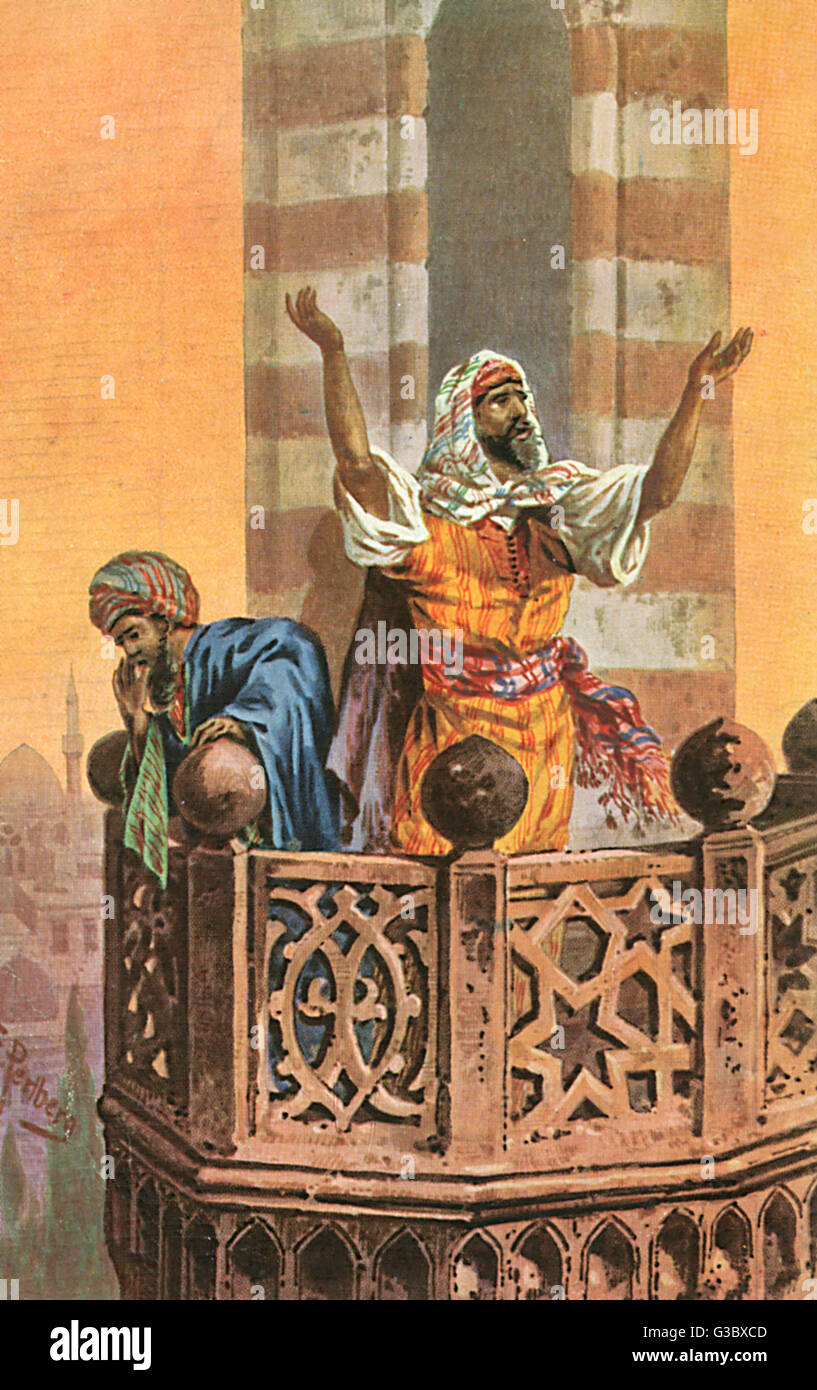 Imam upon the minaret calling believers to prayer - Syria Stock Photo ...