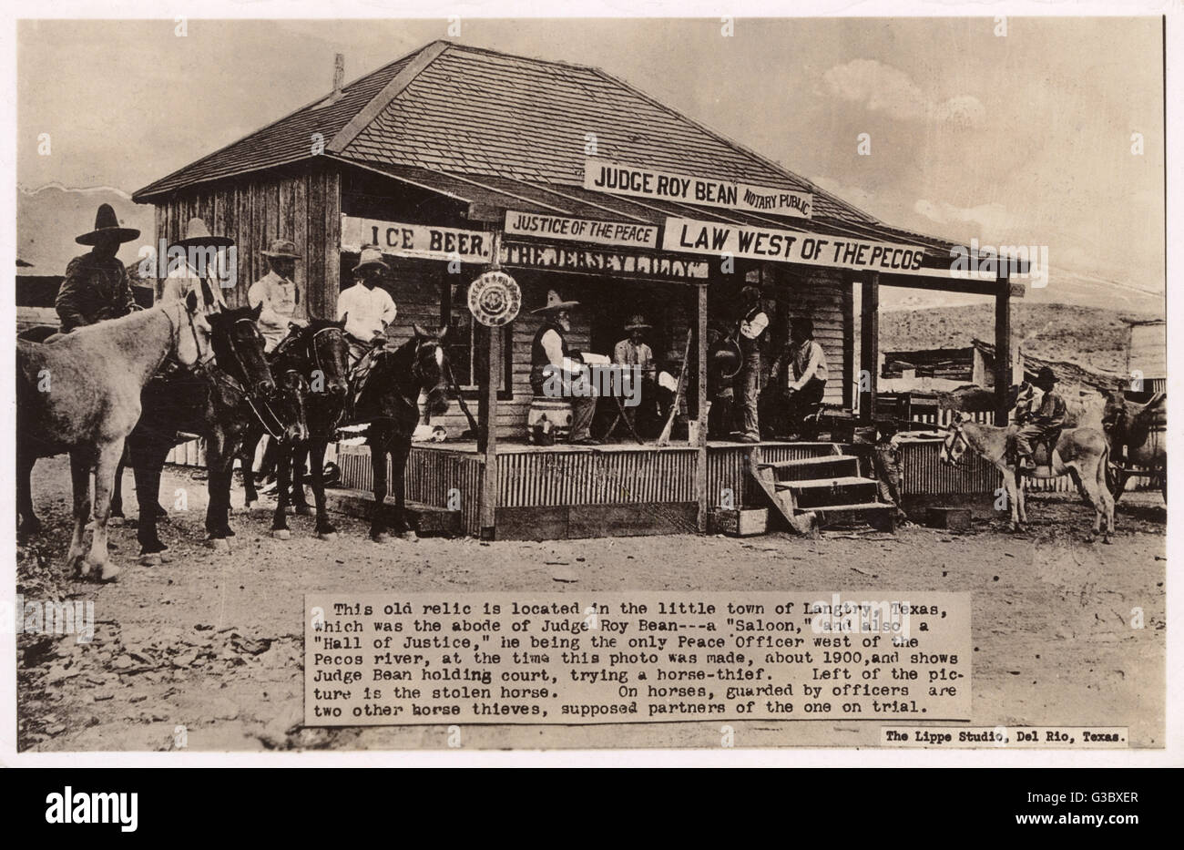 Judge Roy Bean trying a horse thief on the porch of his courthouse ...