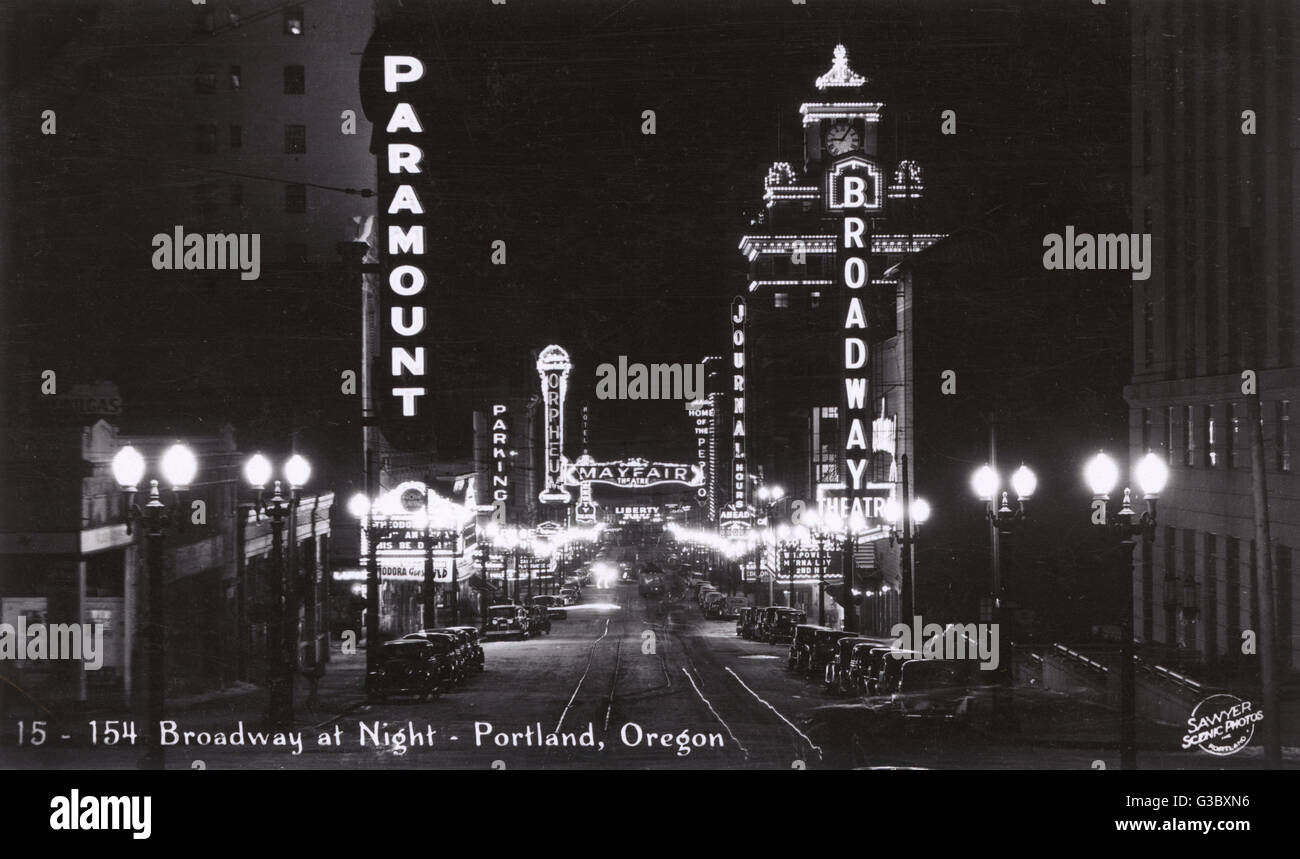 Night view of Broadway, Portland, Oregon, USA Stock Photo - Alamy